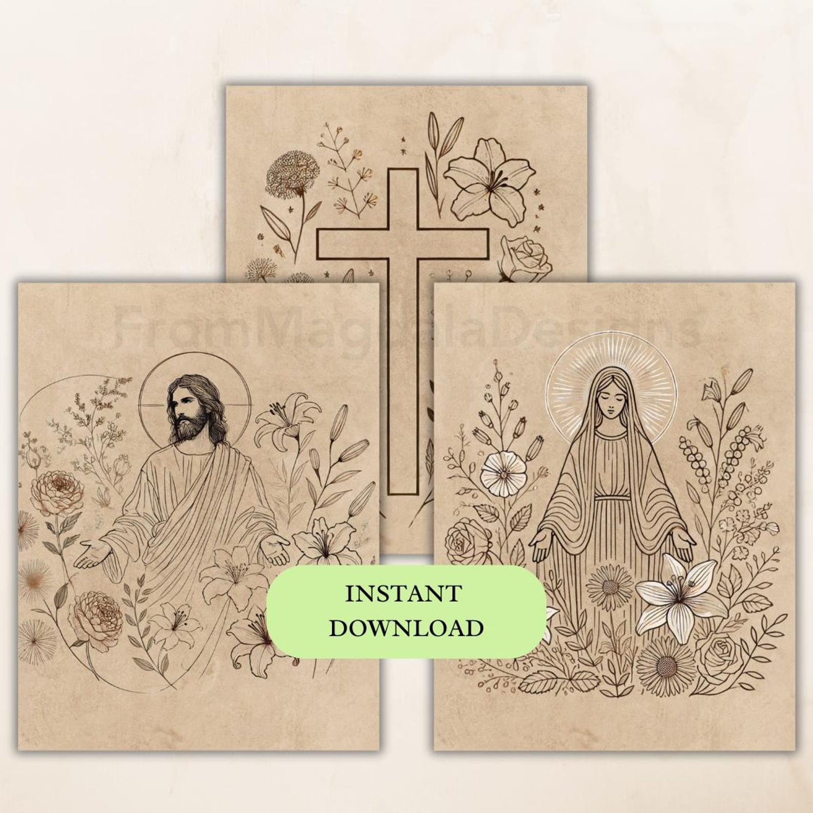 Catholic Line Art Prints: Jesus, Mary, Cross - Boho Home Decor (digital ...