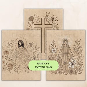 Catholic Line Art Prints: Jesus, Mary, Cross - Boho Home Decor (digital ...
