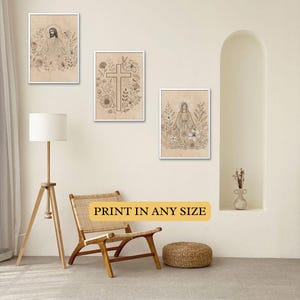 Catholic Line Art Prints: Jesus, Mary, Cross - Boho Home Decor (digital ...