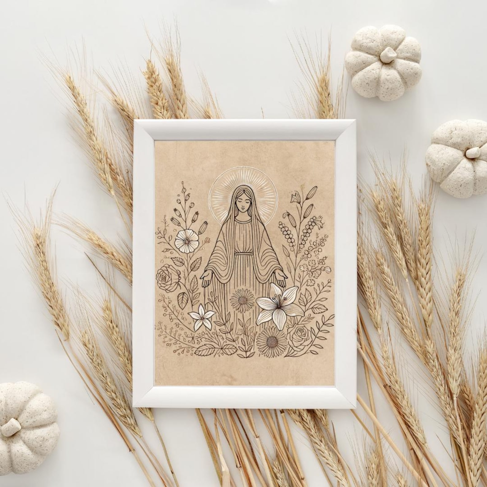 Catholic Line Art Prints: Jesus, Mary, Cross - Boho Home Decor (digital ...