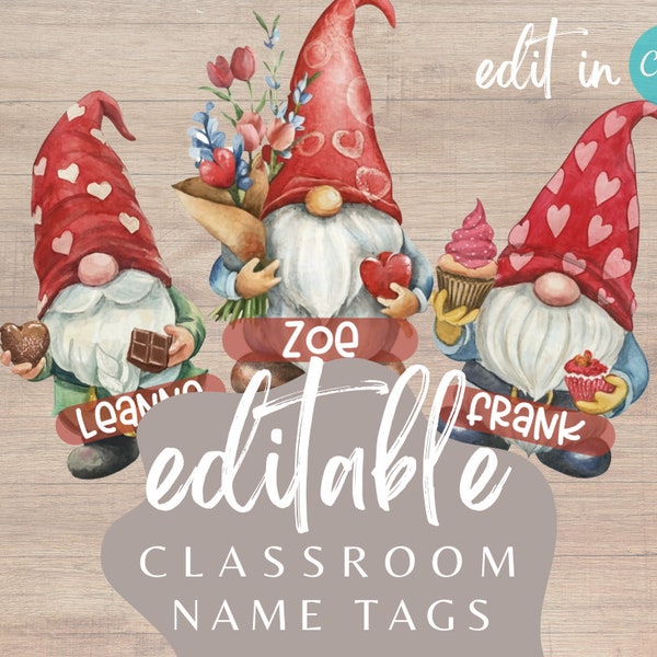 Valentine Classroom Editable Classroom Name Tags Valentine Gnome Tags ...