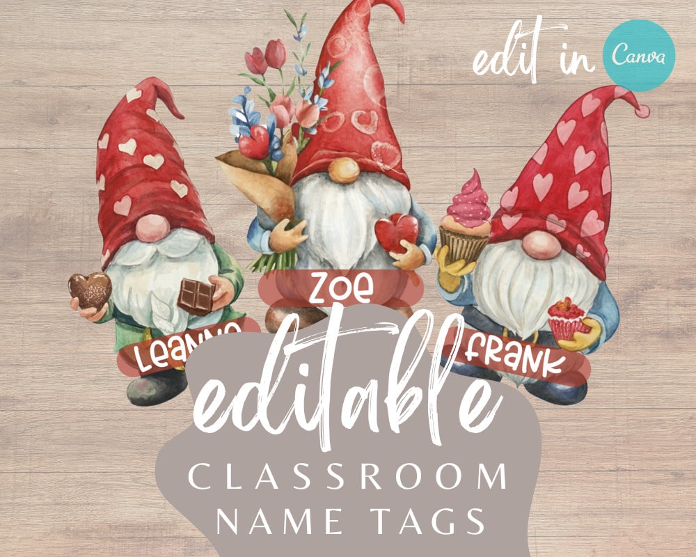 Valentine Classroom | Editable Classroom Name Tags | Valentine Gnome ...