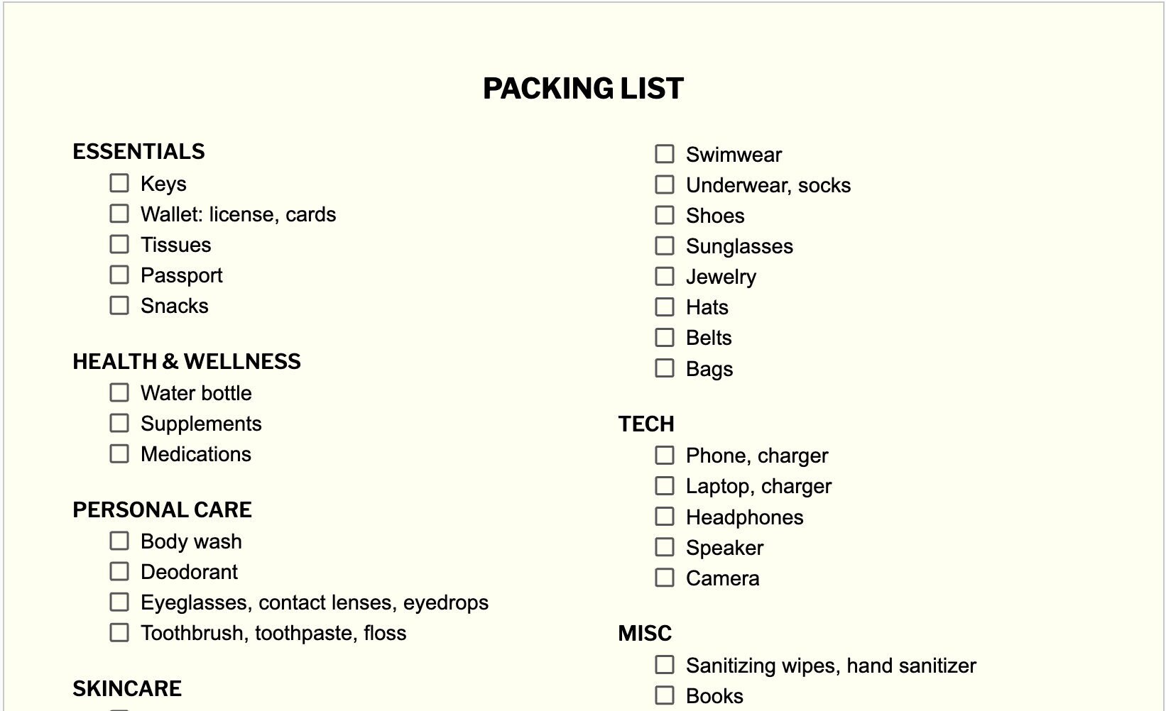 Minimal Packing List Template digital Download Editable - Etsy