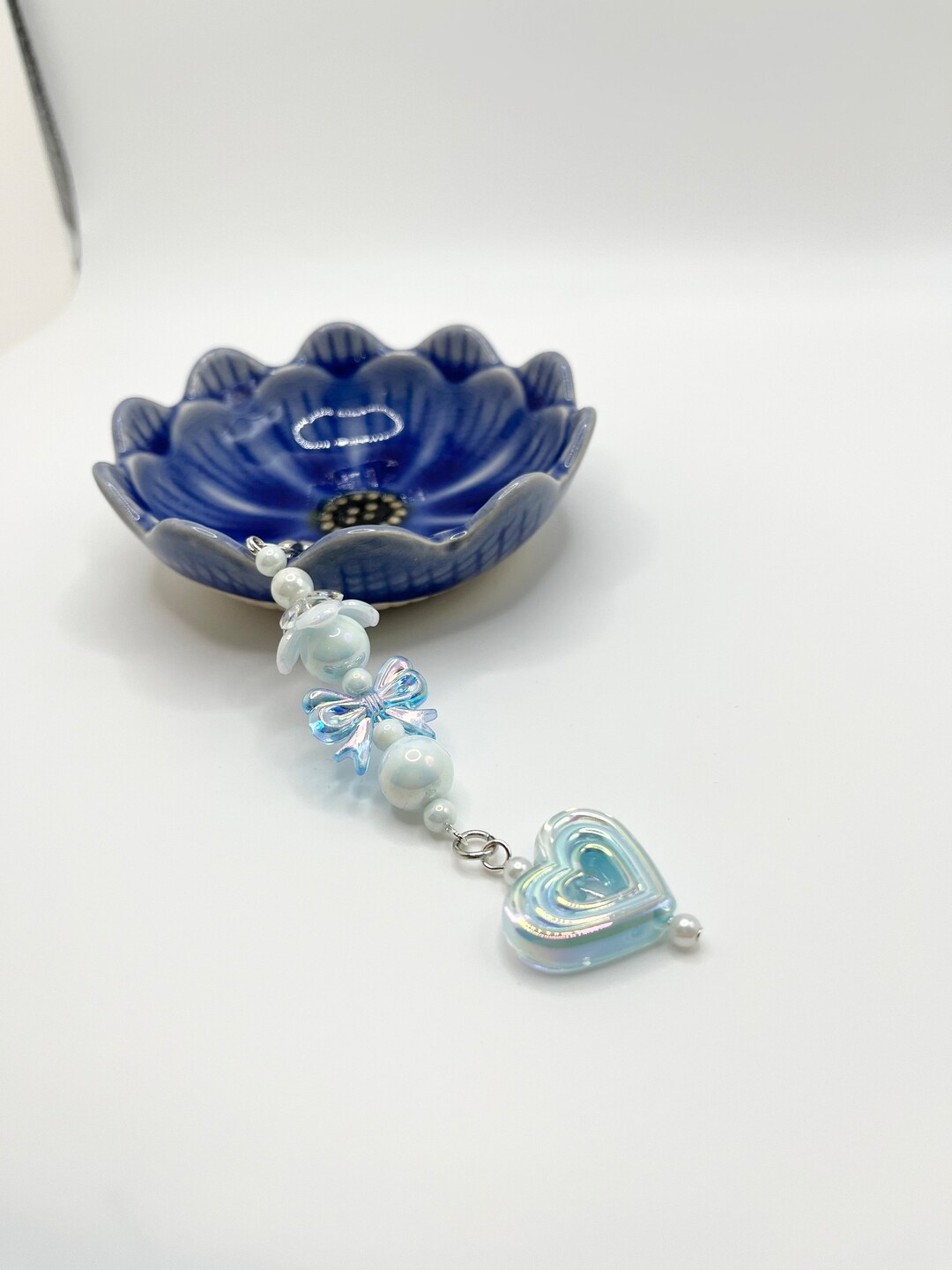 Blue Heart Charm Keychain- Kawaii Light Blue Keychain- Handmade Beaded ...