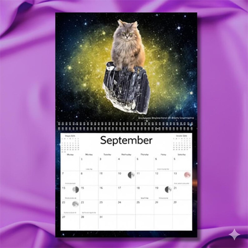 Magical Cat Calendar 2026: Floating Crystals & Galaxy Art. Moon Phase ...
