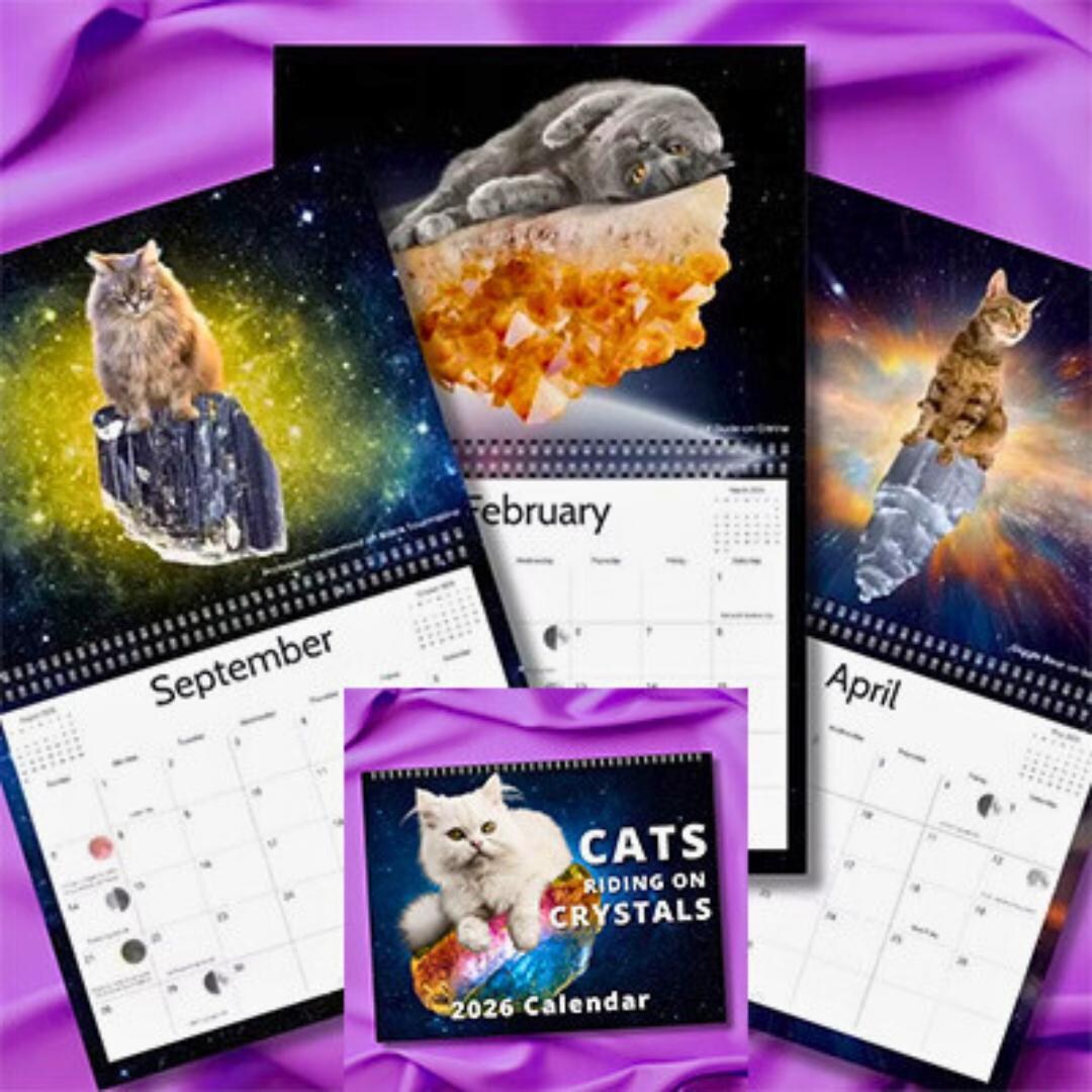 Magical Cat Calendar 2026: Floating Crystals & Galaxy Art. Moon Phase ...