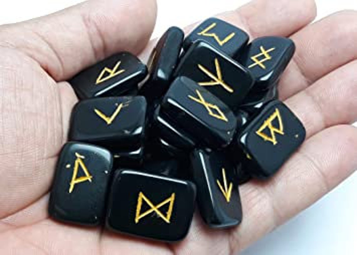 Black Tourmaline Rune Set, Crystal Rune Stones Set Elder Futhark Viking ...
