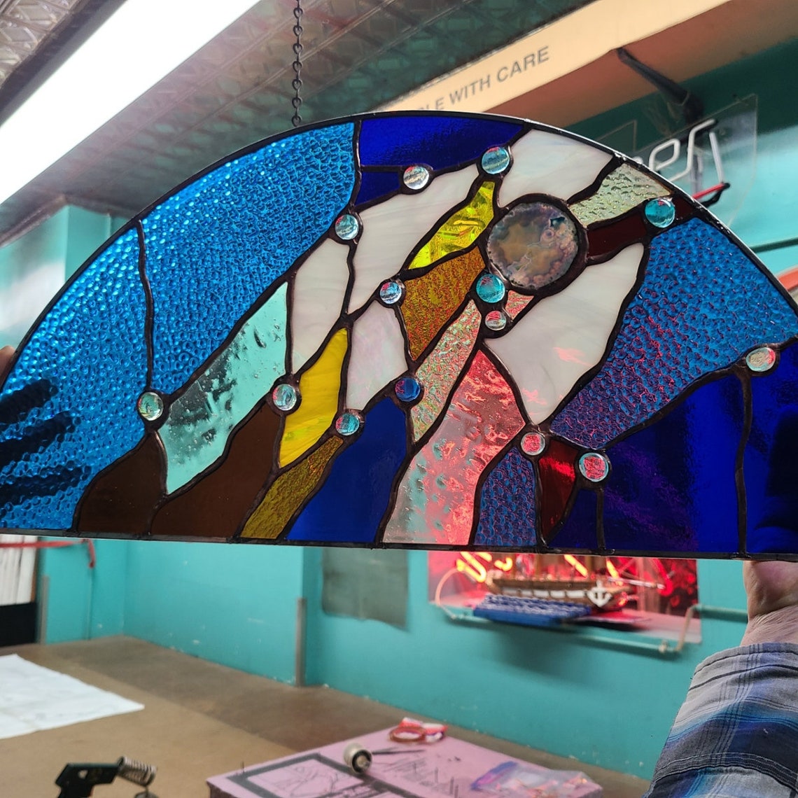 Half Circle Abstract Stained Glass Panel - Etsy