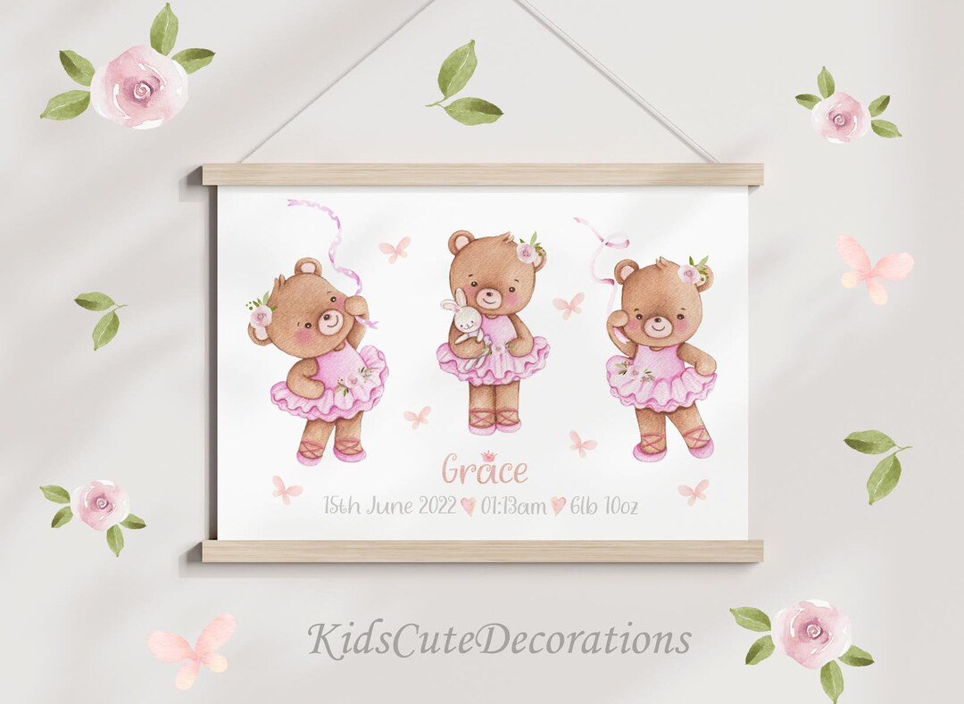 Personalized Baby Girl Birth Poster Teddy Bears Roses Newborn Gift ...