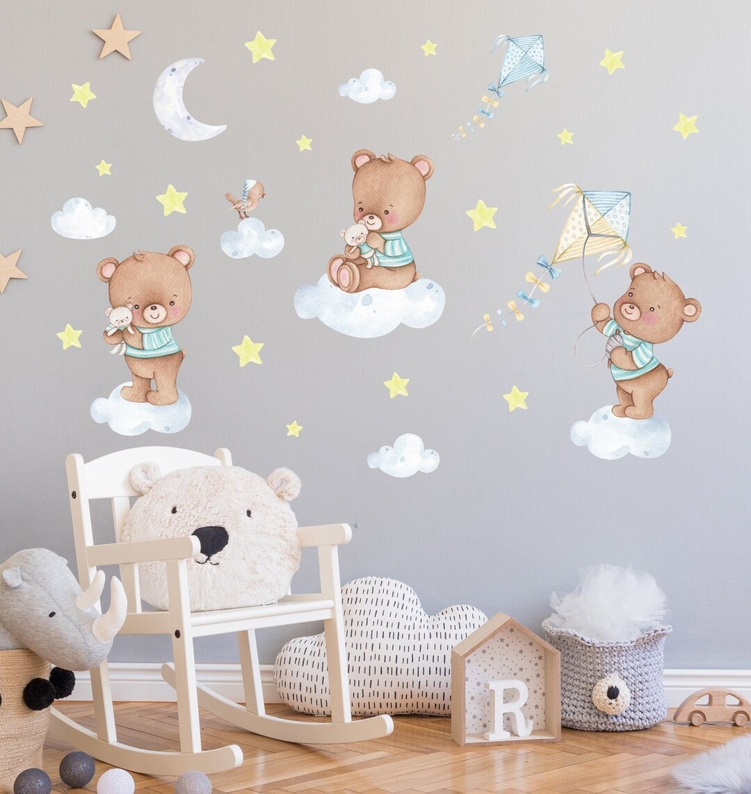 Teddy Bear Wall Decal Baby Boy | Watercolor Wall Decal Baby Room ...
