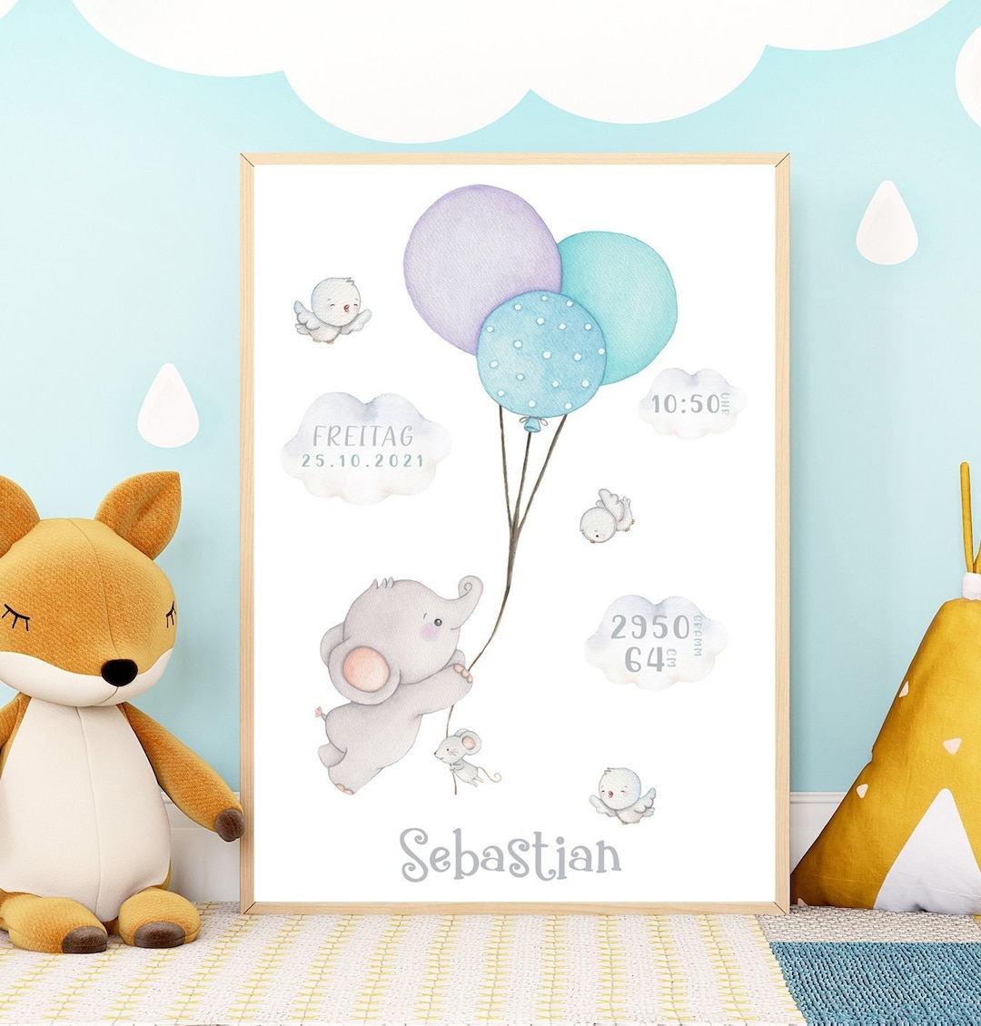 Baby Boy Birth Stats Poster | Elephant With Balloons Print Frame ...