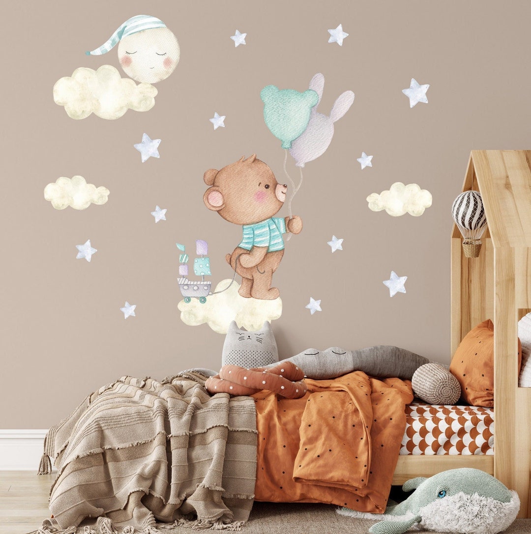 Teddy Bear Wall Decals | Watercolor Wall Decals Baby Boy | Balloon ...