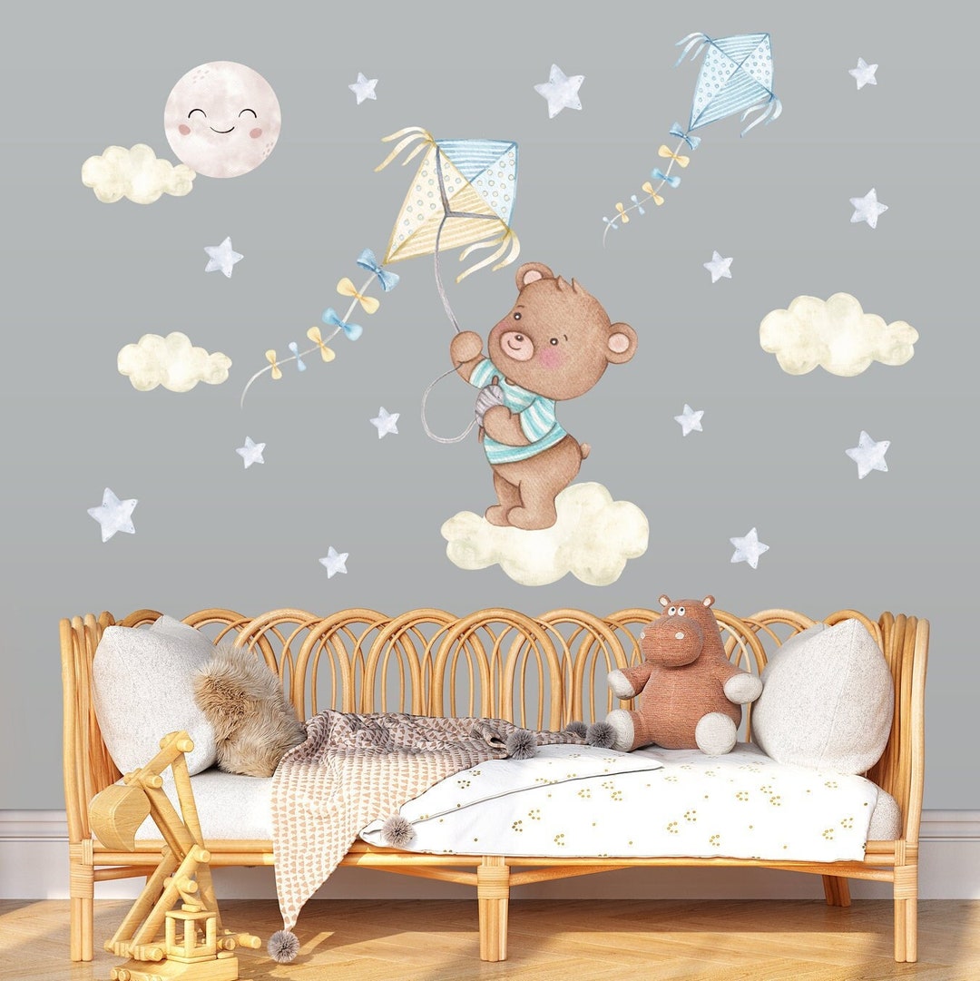 Teddy Bear Wall Decal Baby Boy | Stars Kite | Personalized Nursery Wall ...