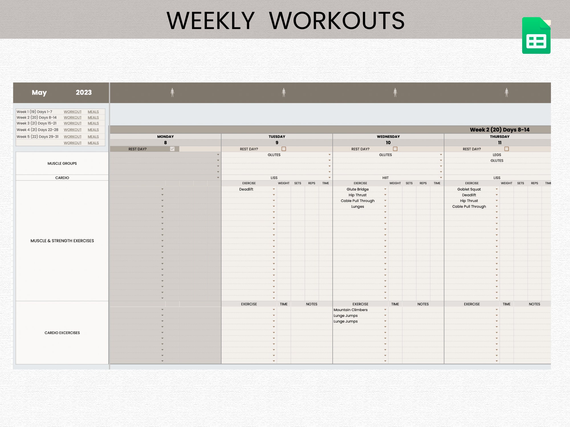 Workout Planner Spreadsheet, Google Sheets, Weekly Fitness Planner, Digital Fitness Tracker ...