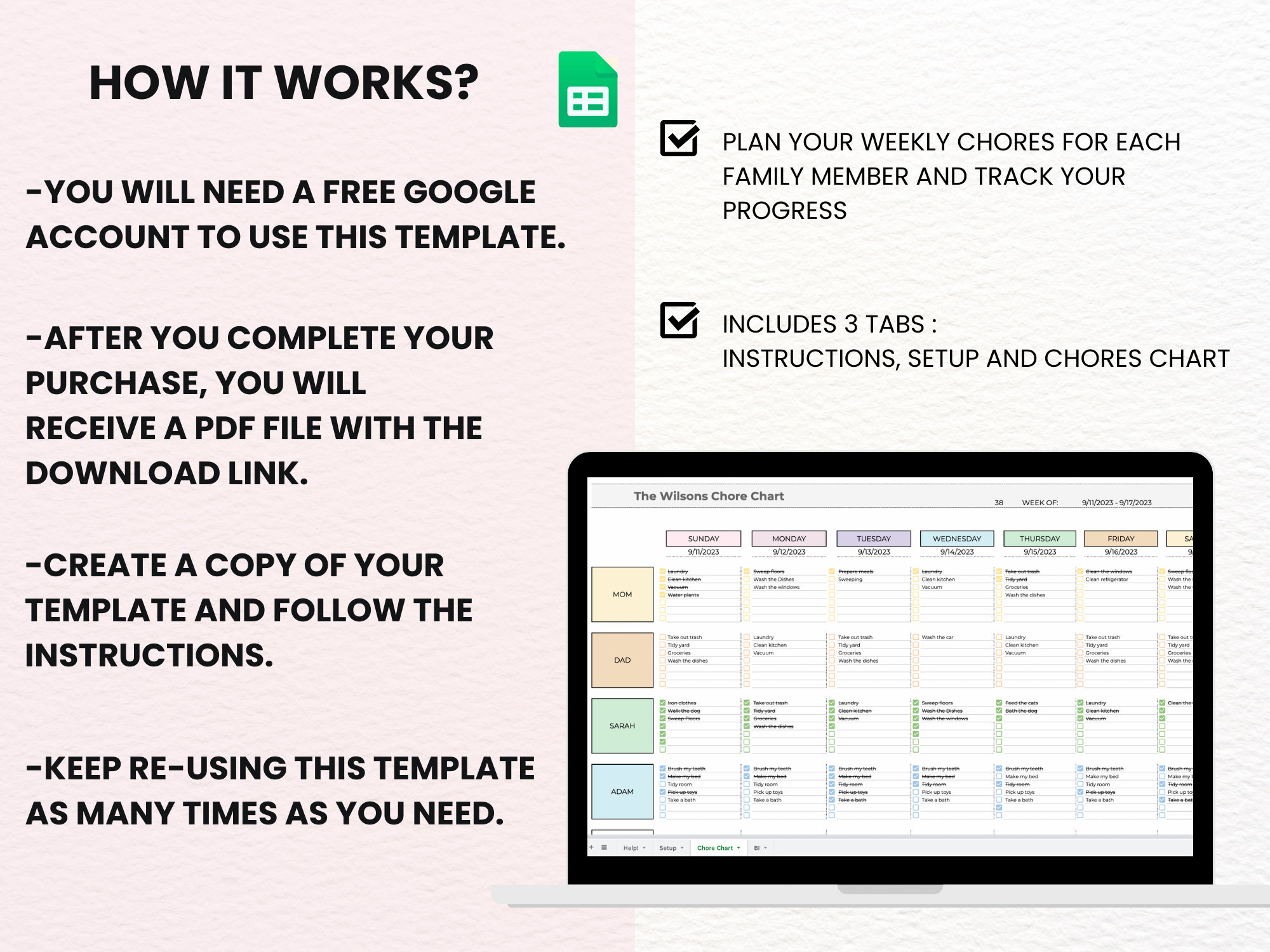 Editable Family Chore Chart Template: Weekly Schedule (google Sheets ...