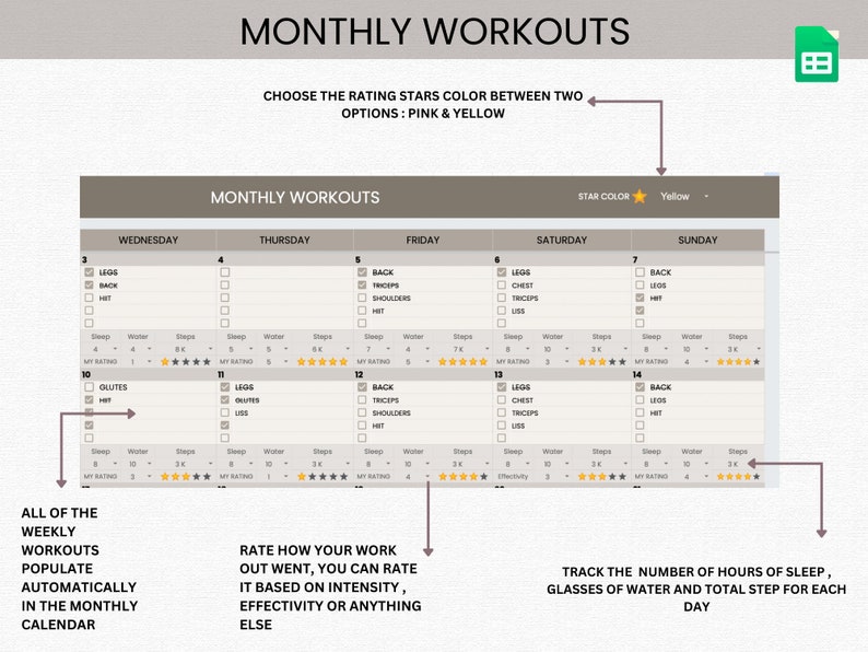 Workout Planner Spreadsheet, Google Sheets, Weekly Fitness Planner, Digital Fitness Tracker ...