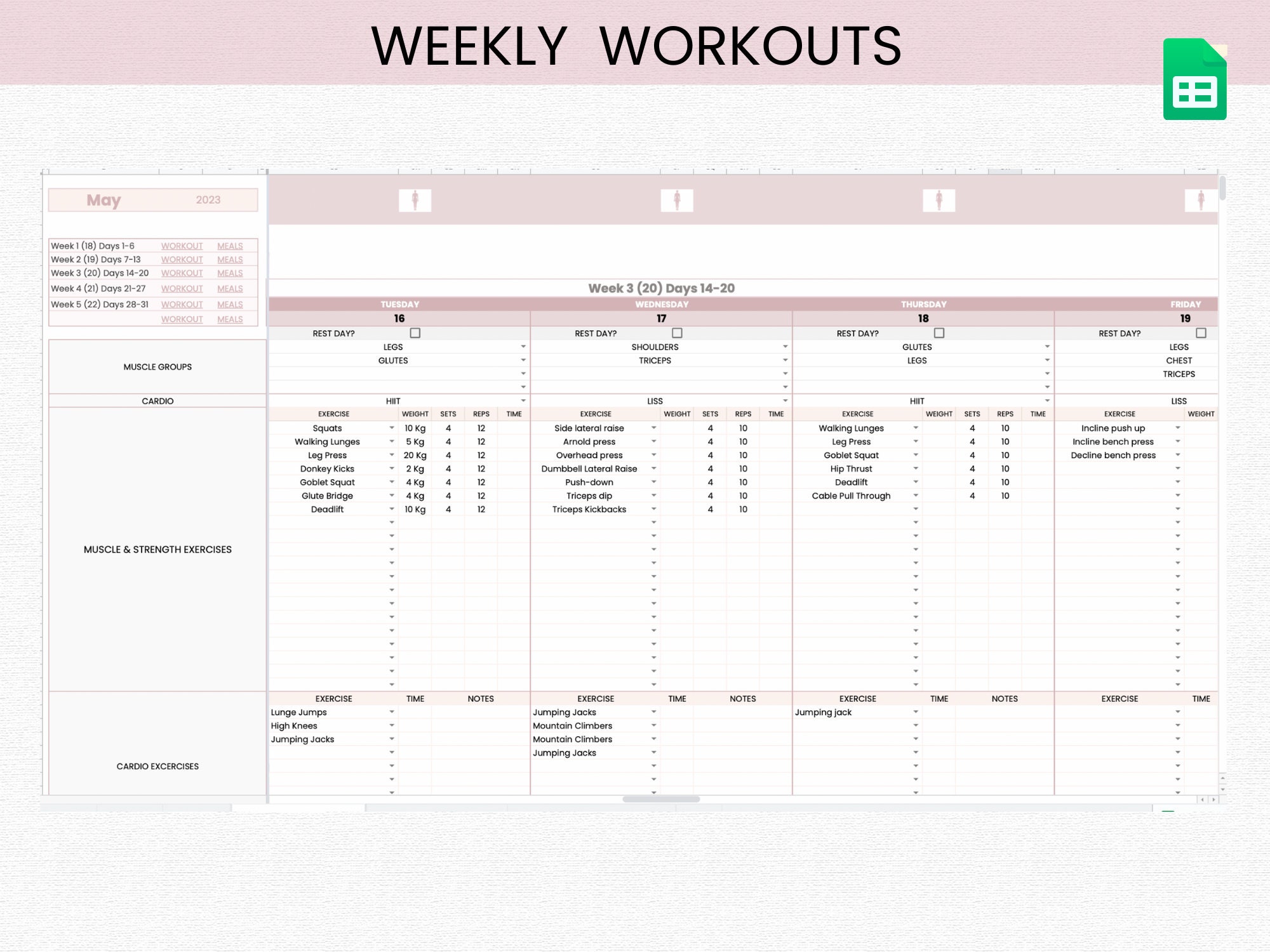 Fitness Planner Spreadsheet Workouts Tracker Google Sheets - Etsy Australia