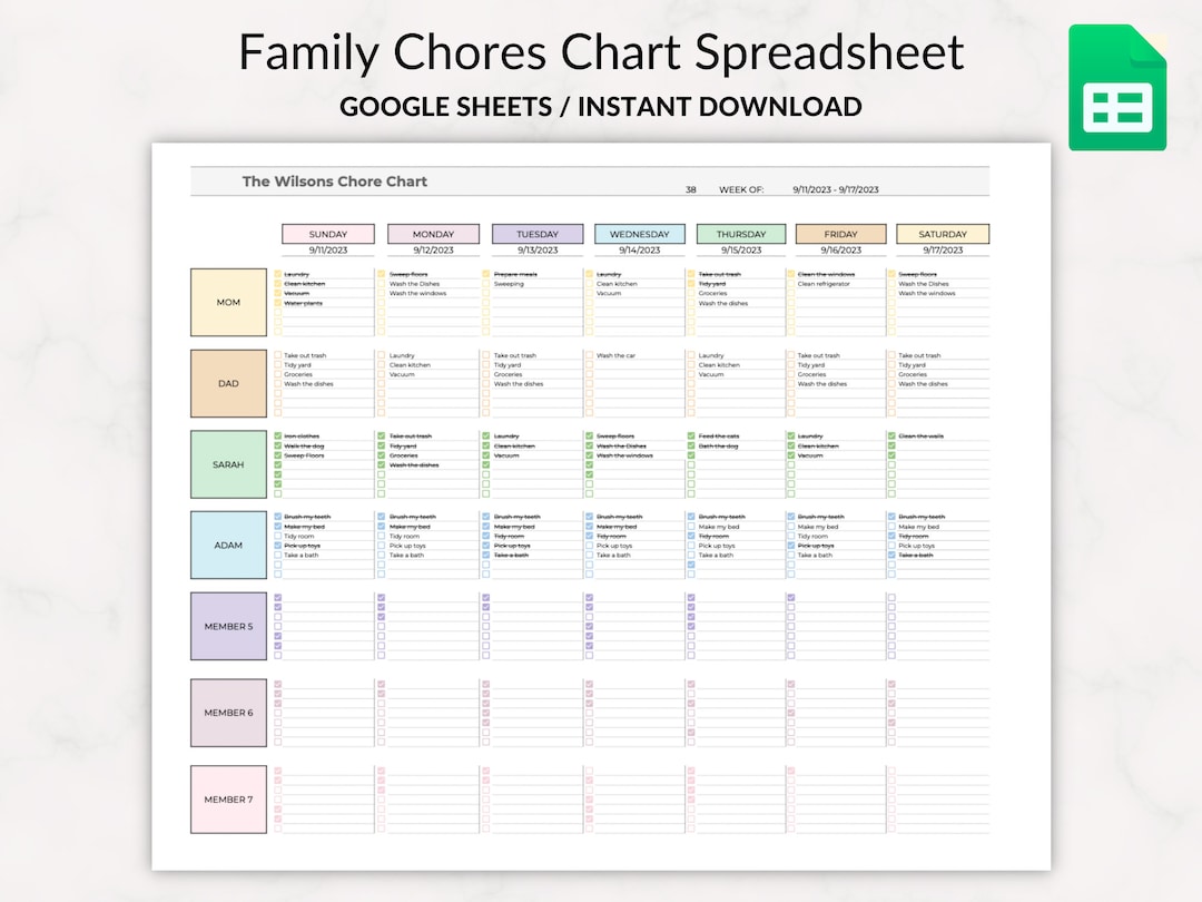 Family Chore Chart Google Sheets Template Weekly Chore Chart ...
