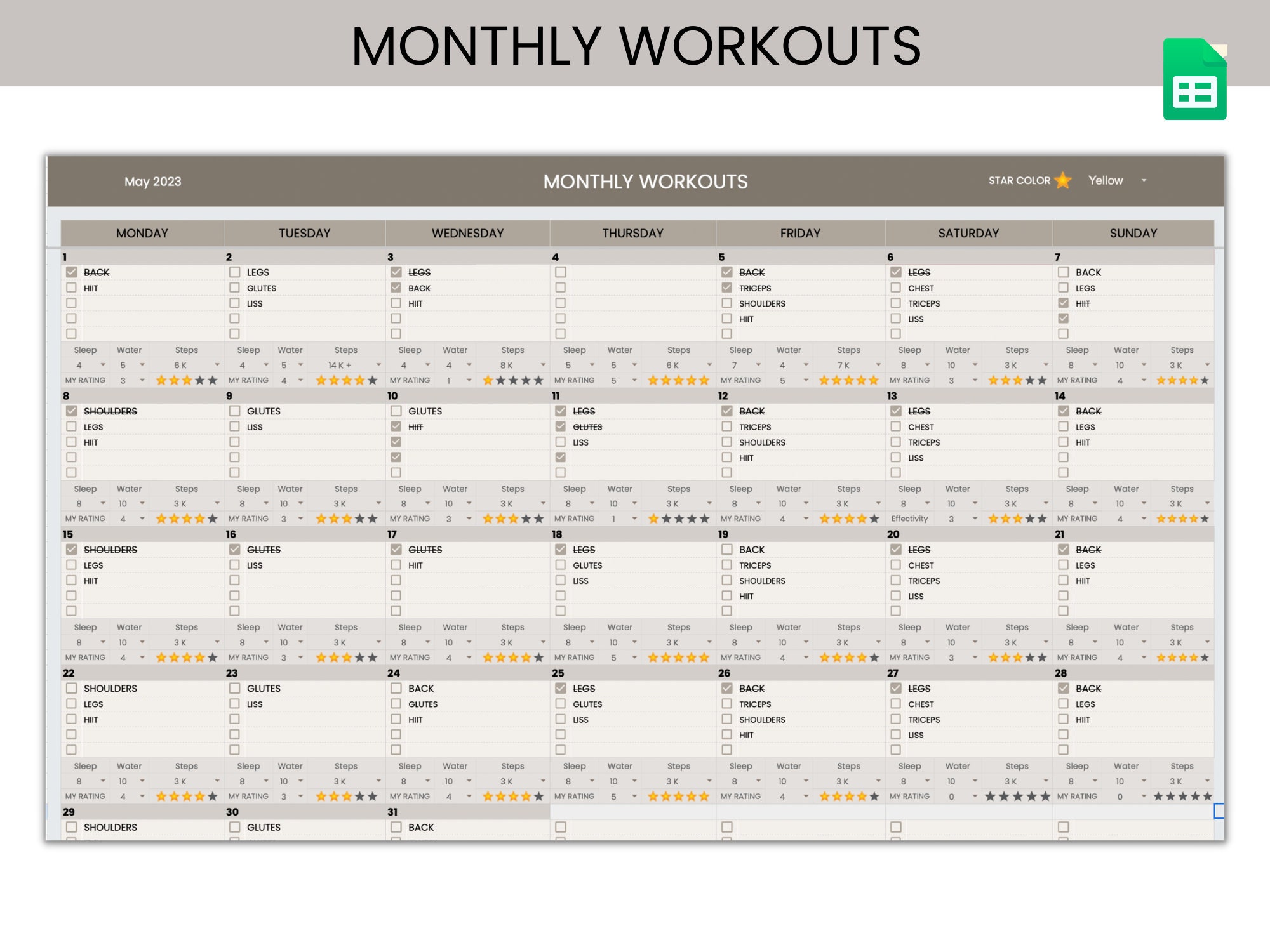 Workout Planner Spreadsheet, Google Sheets, Weekly Fitness Planner ...