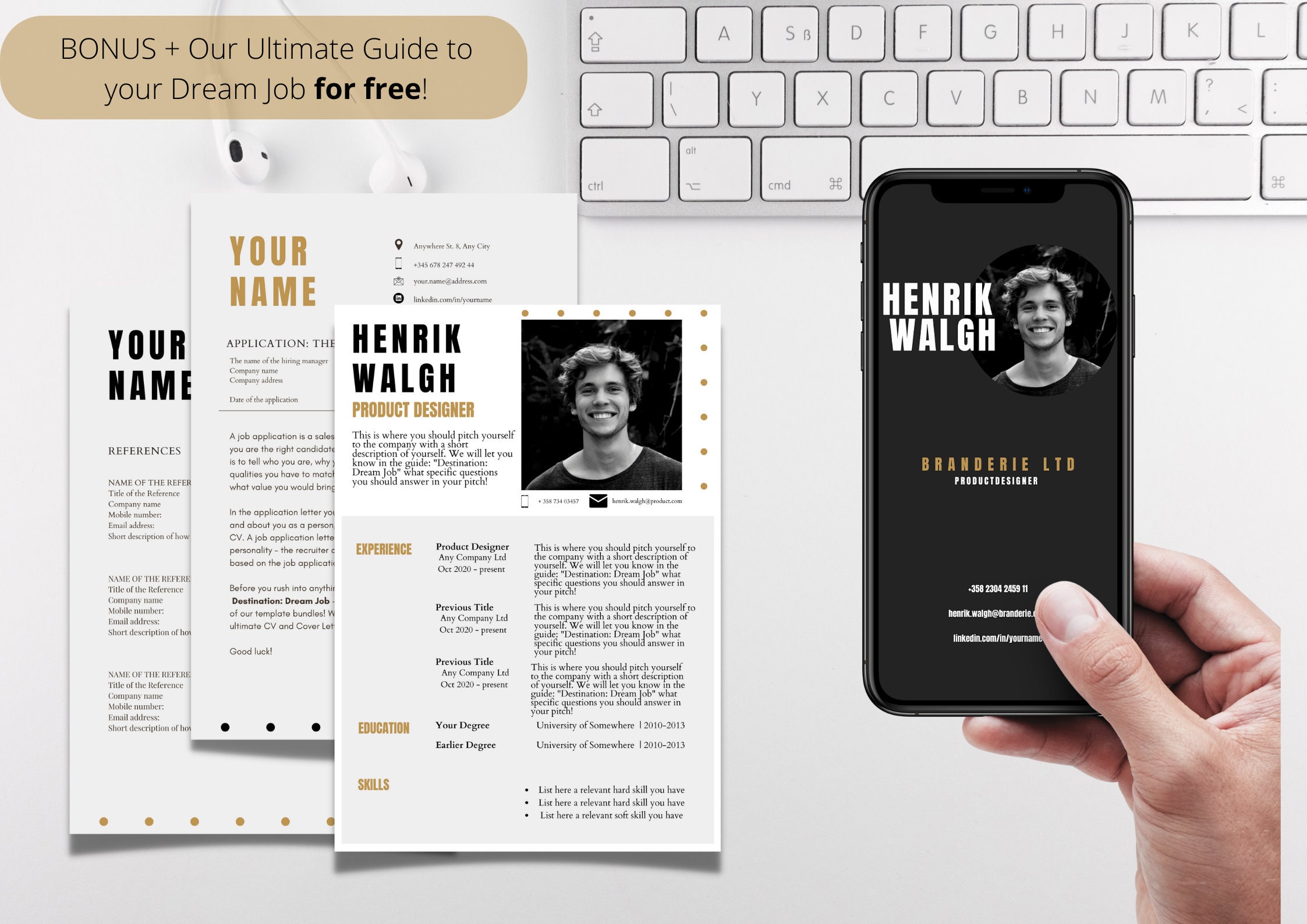 Masculine CV Template for Men, Cover Letter for Men, Editable ...