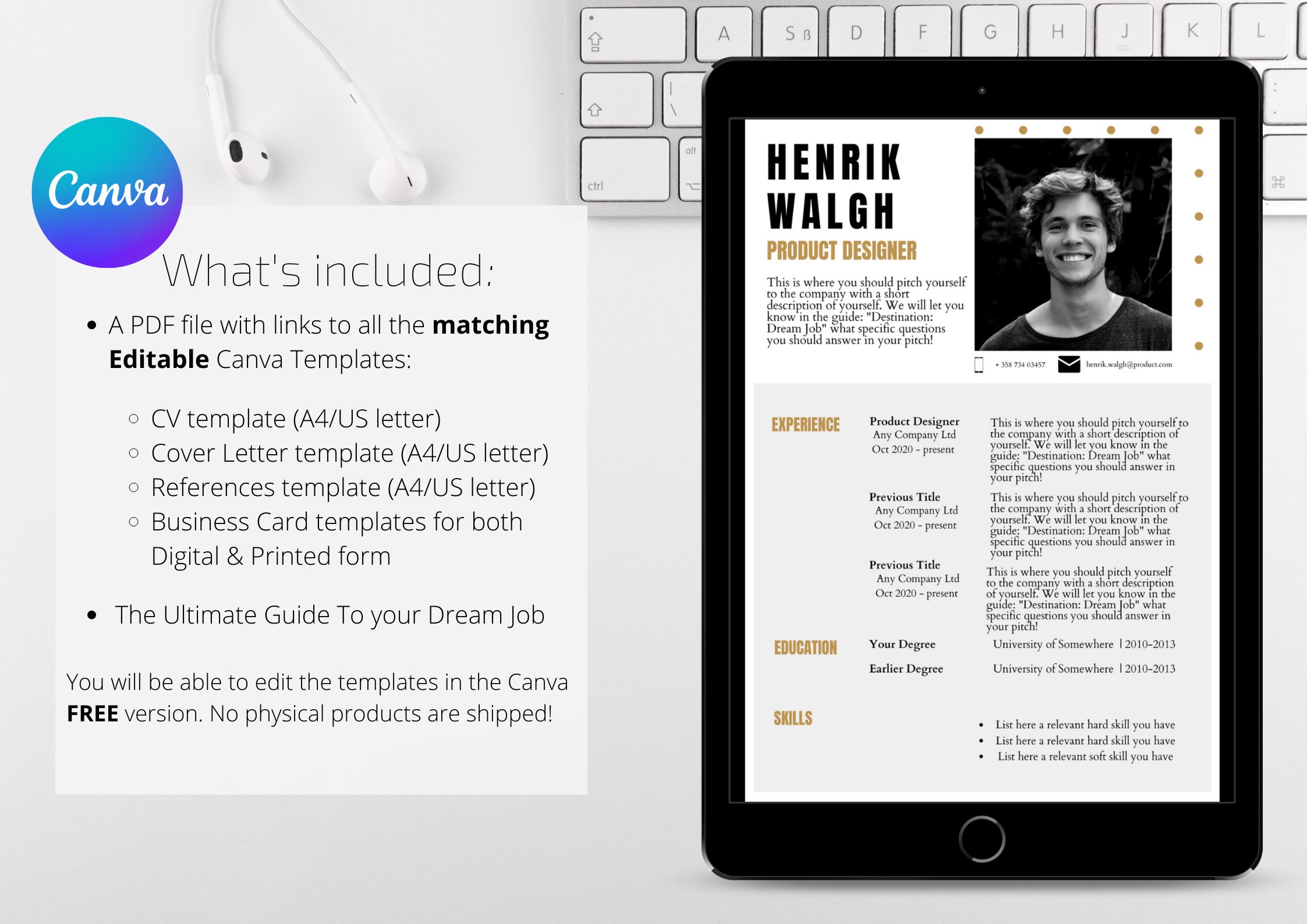 Masculine CV Template for Men, Cover Letter for Men, Editable ...