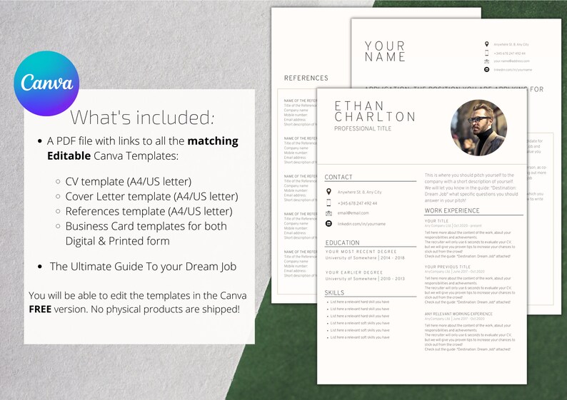 CV Template for Men, CV Template Bundle for Professionals, Minimalist ...