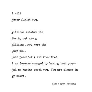 IN MEMORIAM Poem Print, I Will Never Forget You, Sympathy Gift, in ...