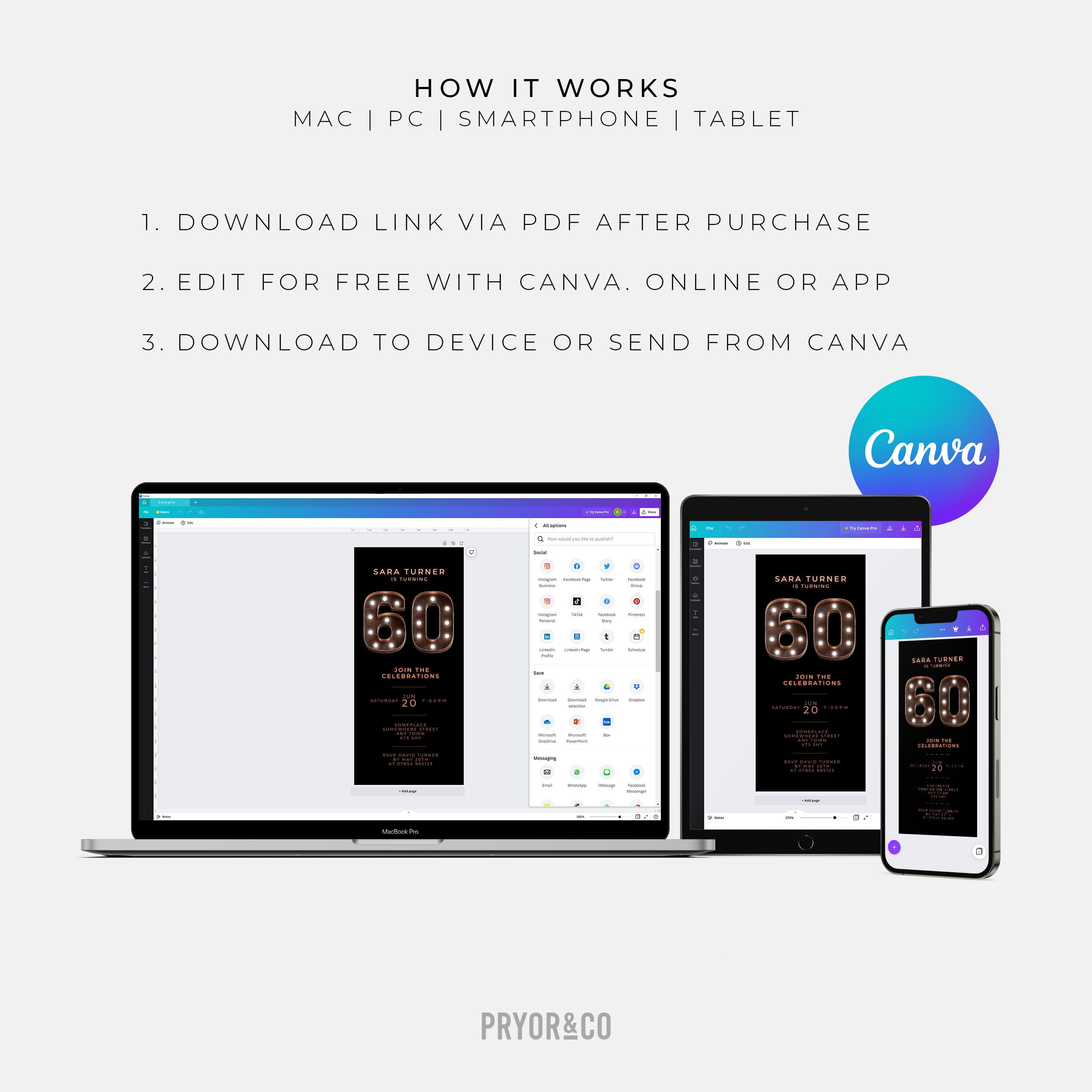 60th, Birthday Invite, Evite, E-invite, Invitation Template, Text Message Invitation, Digital ...