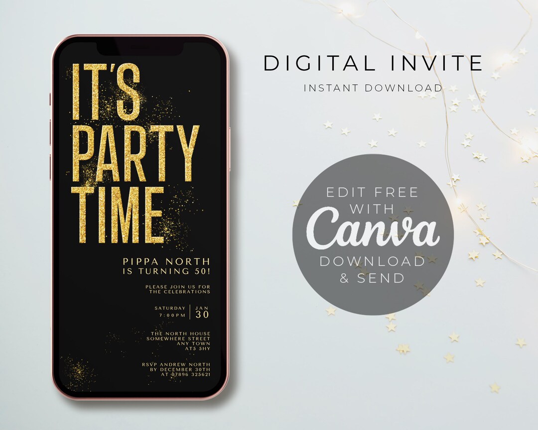It's Party Time Invite, Gold Glitter Invitation Template, Text Message ...