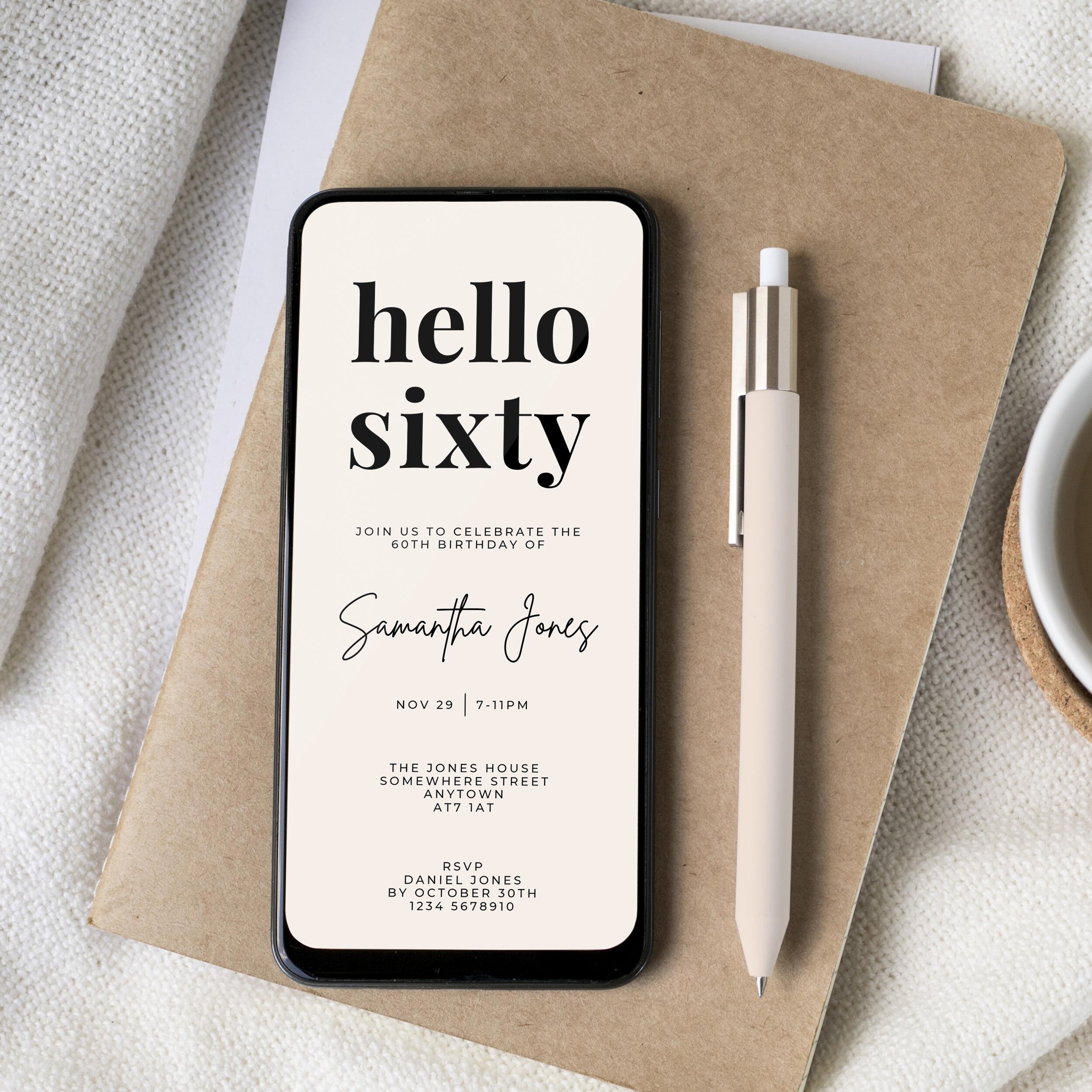 Hello Sixty, 60th, Birthday Invite, E-invite, Invitation Template, Text ...
