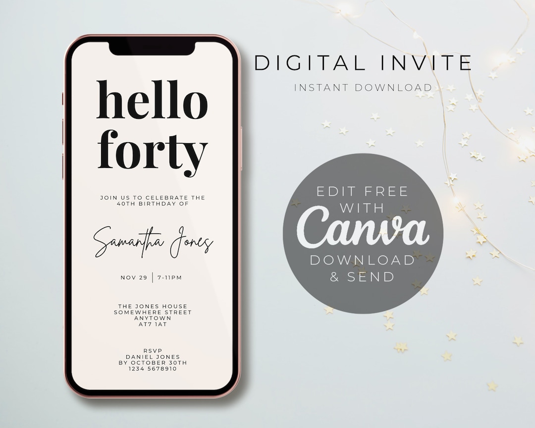 Hello Forty, 40th, Birthday Invite, E-invite, Invitation Template, Text ...