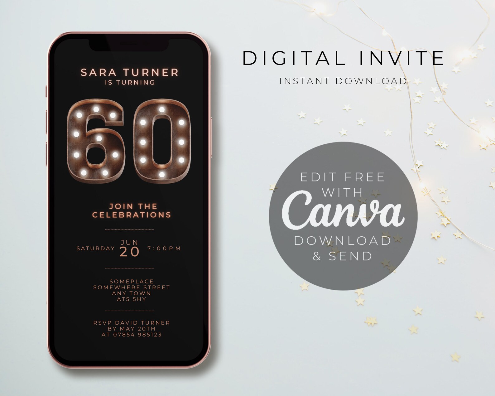60th, Birthday Invite, Evite, E-invite, Invitation Template, Text Message Invitation, Digital ...