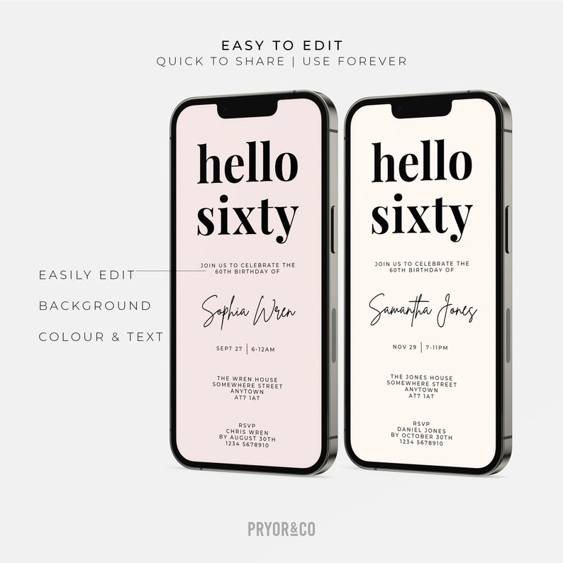 Hello Sixty, 60th, Birthday Invite, E-invite, Invitation Template, Text ...