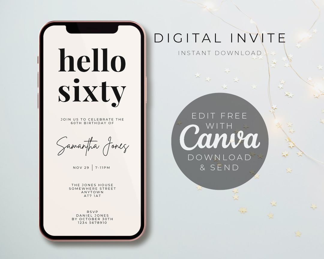 Hello Sixty, 60th, Birthday Invite, E-invite, Invitation Template, Text ...
