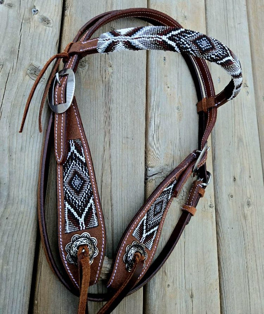 Heritage Beaded Browband Headstall- Chocolate Roughout Leather Bridle ...