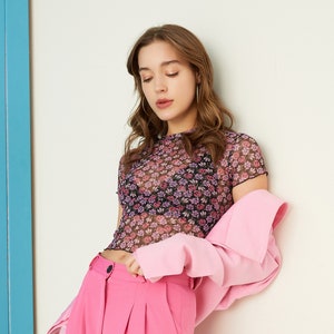 Pink Lilac Flower Print Transparent Blouse, See Through Womens Blouses ...