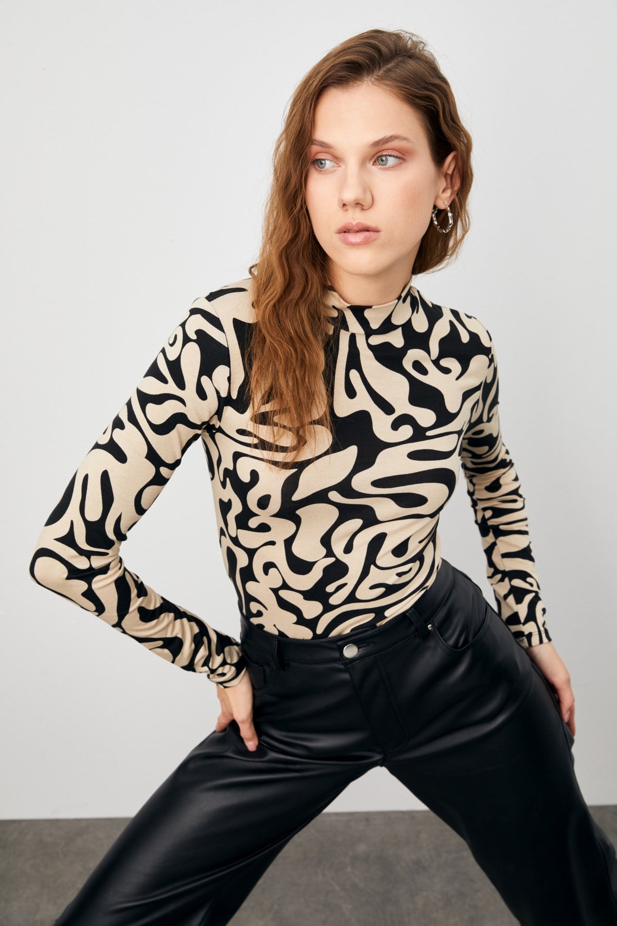 Beige and Black Design Body Blouse, Lycra Cotton Women Top, Trendy Long ...