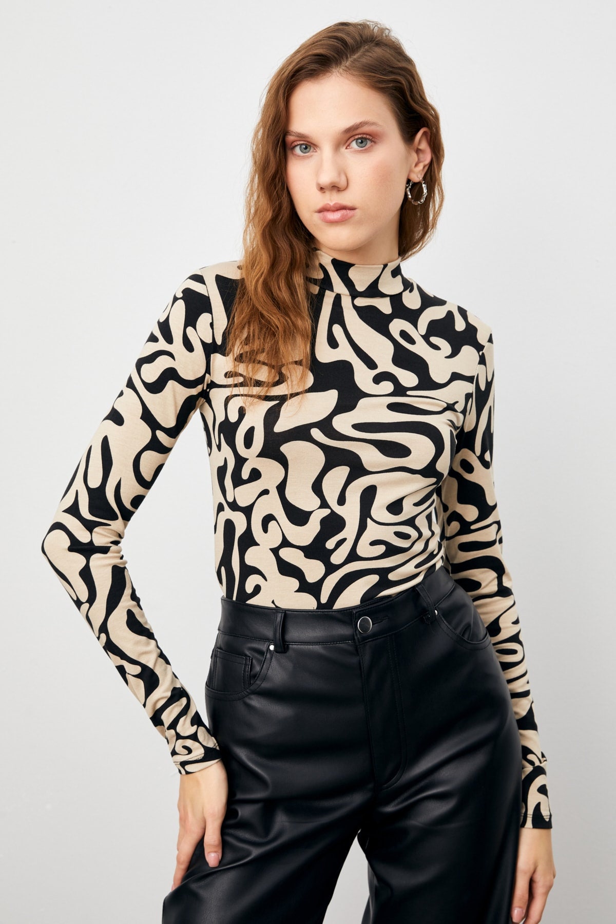 Beige and Black Design Body Blouse, Lycra Cotton Women Top, Trendy Long ...