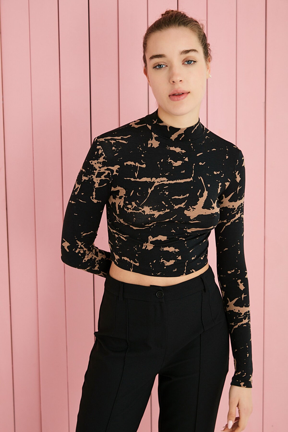 Black Marble Crop Top, Summer Blouse, Half Turtleneck Black Blouse ...