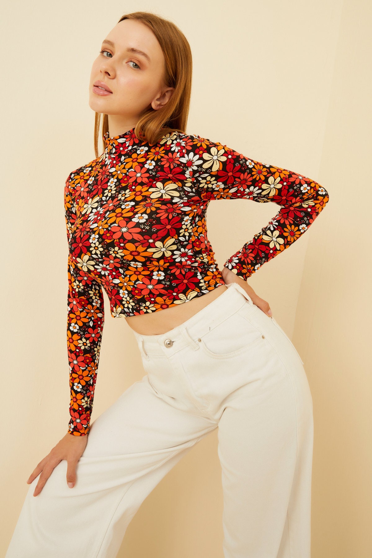 Half Turtleneck Long Sleeve Crop Top, Modern Mock Neck Top, Floral ...
