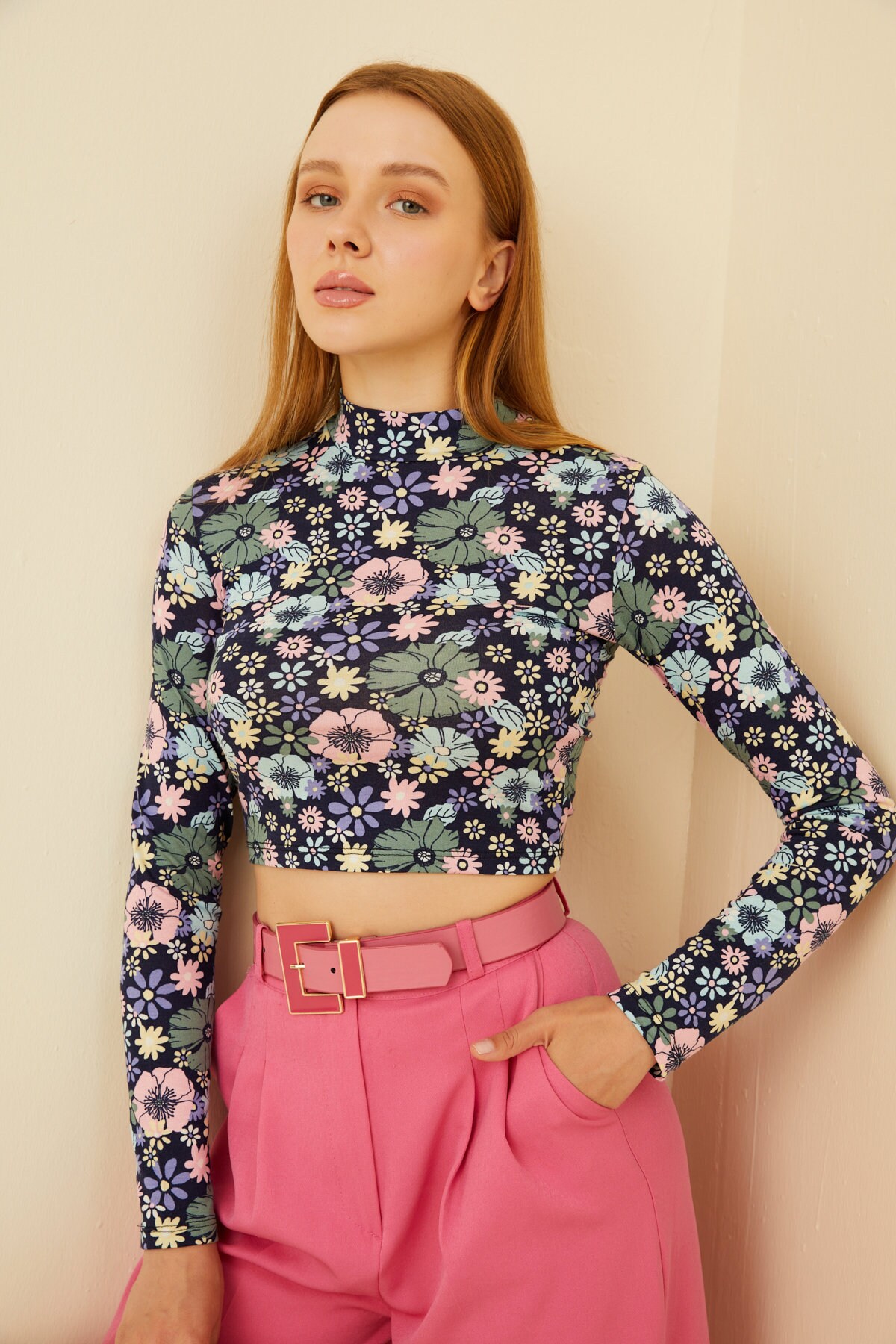 Half Turtleneck Long Sleeve Crop Top, Modern Mock Neck Top, Floral ...