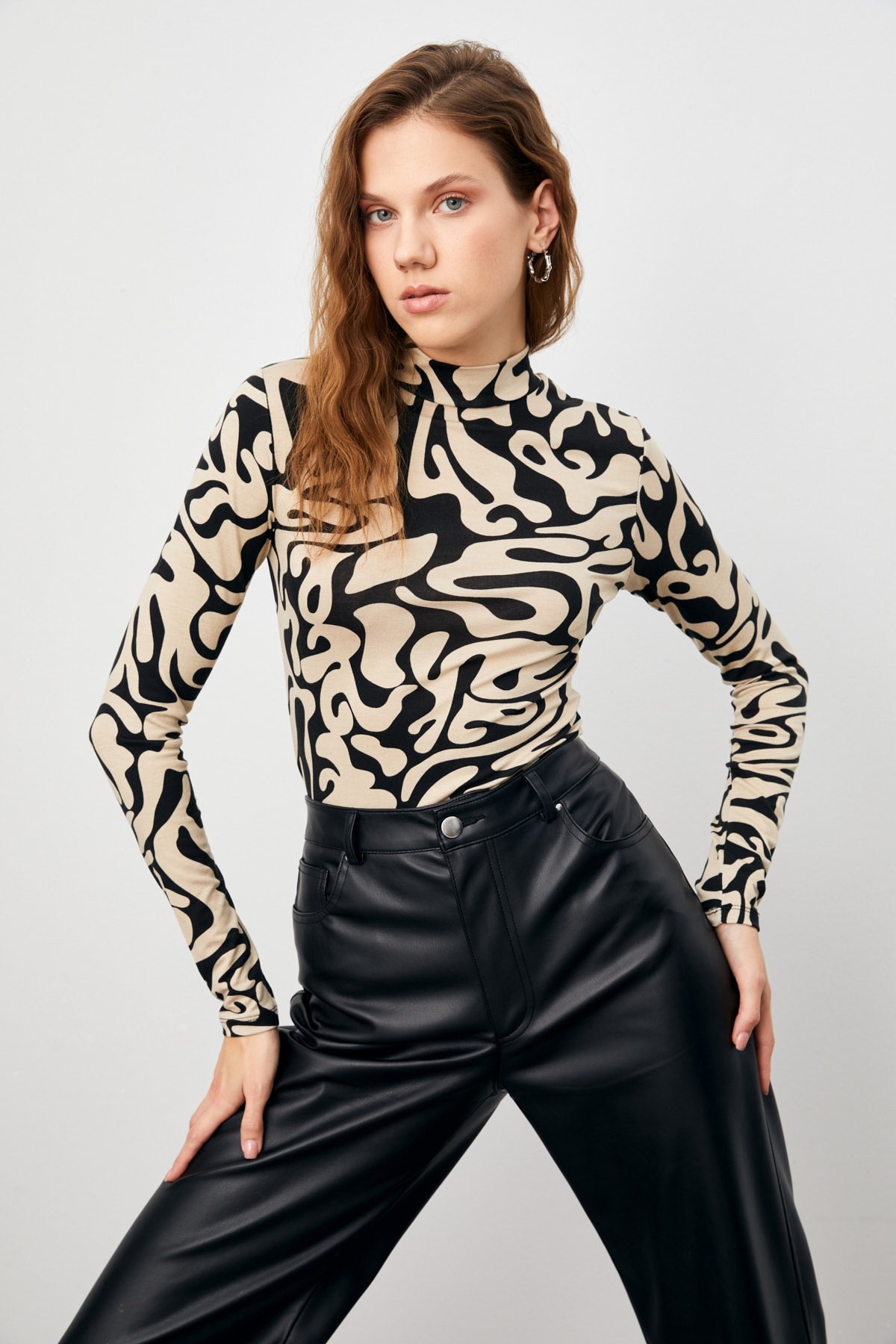 Beige and Black Design Body Blouse, Lycra Cotton Women Top, Trendy Long ...