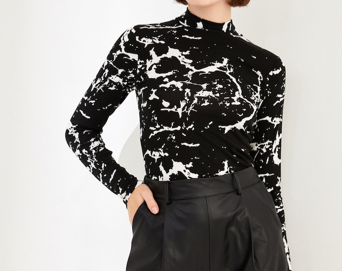 Turtleneck Marble Print Blouse, Modern Woman Blouse, Black Marble ...