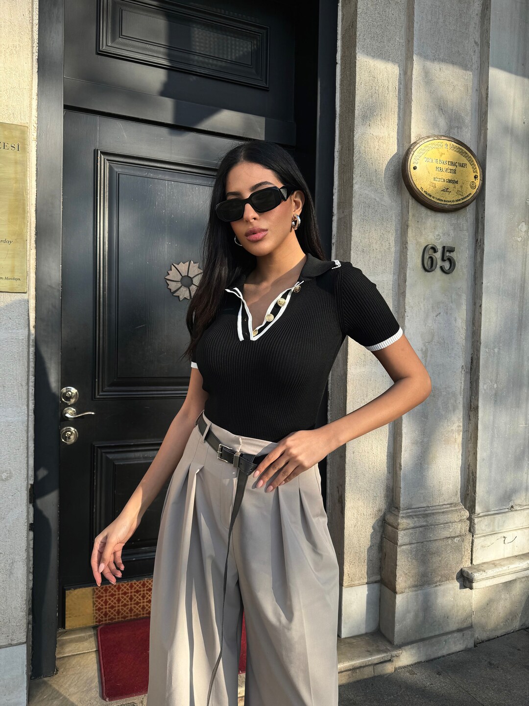 New Collection Collared Neck Polo Shirt Button Front Knit Ribbed Short ...