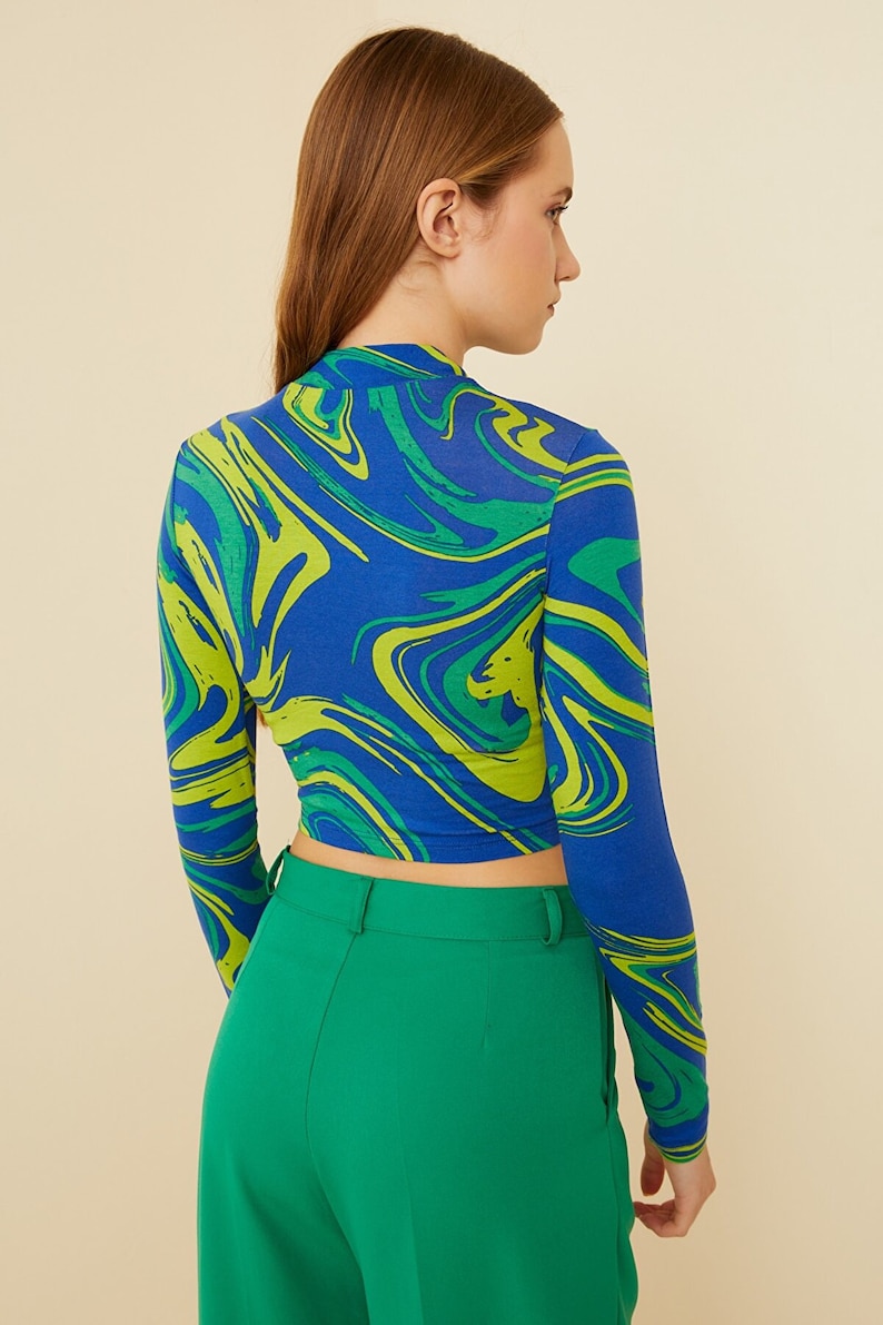 Green Blue Marble Cotton Crop Top,long Sleeve, Modern Women Top, Trendy ...