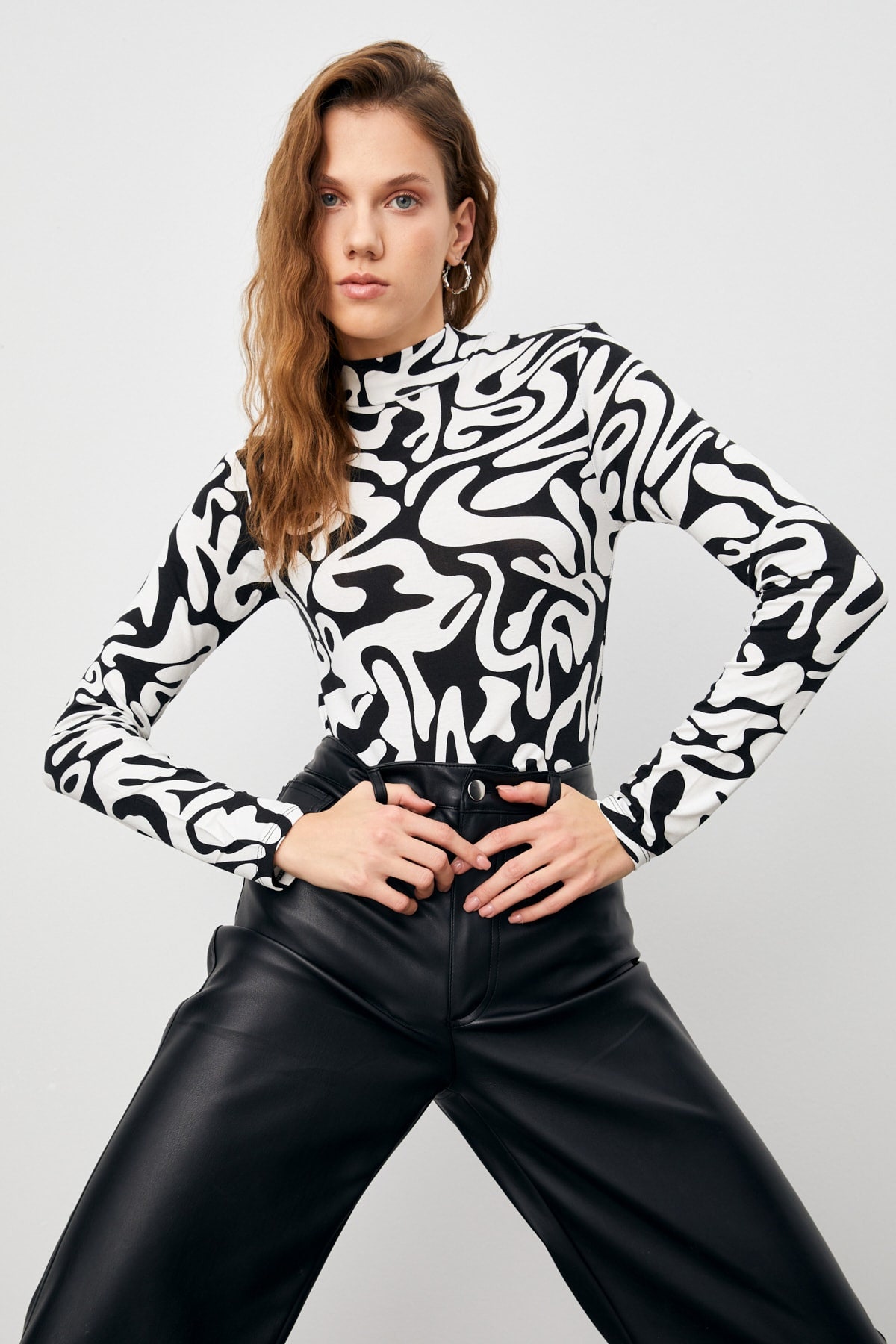 Beige and Black Design Body Blouse, Lycra Cotton Women Top, Trendy Long ...