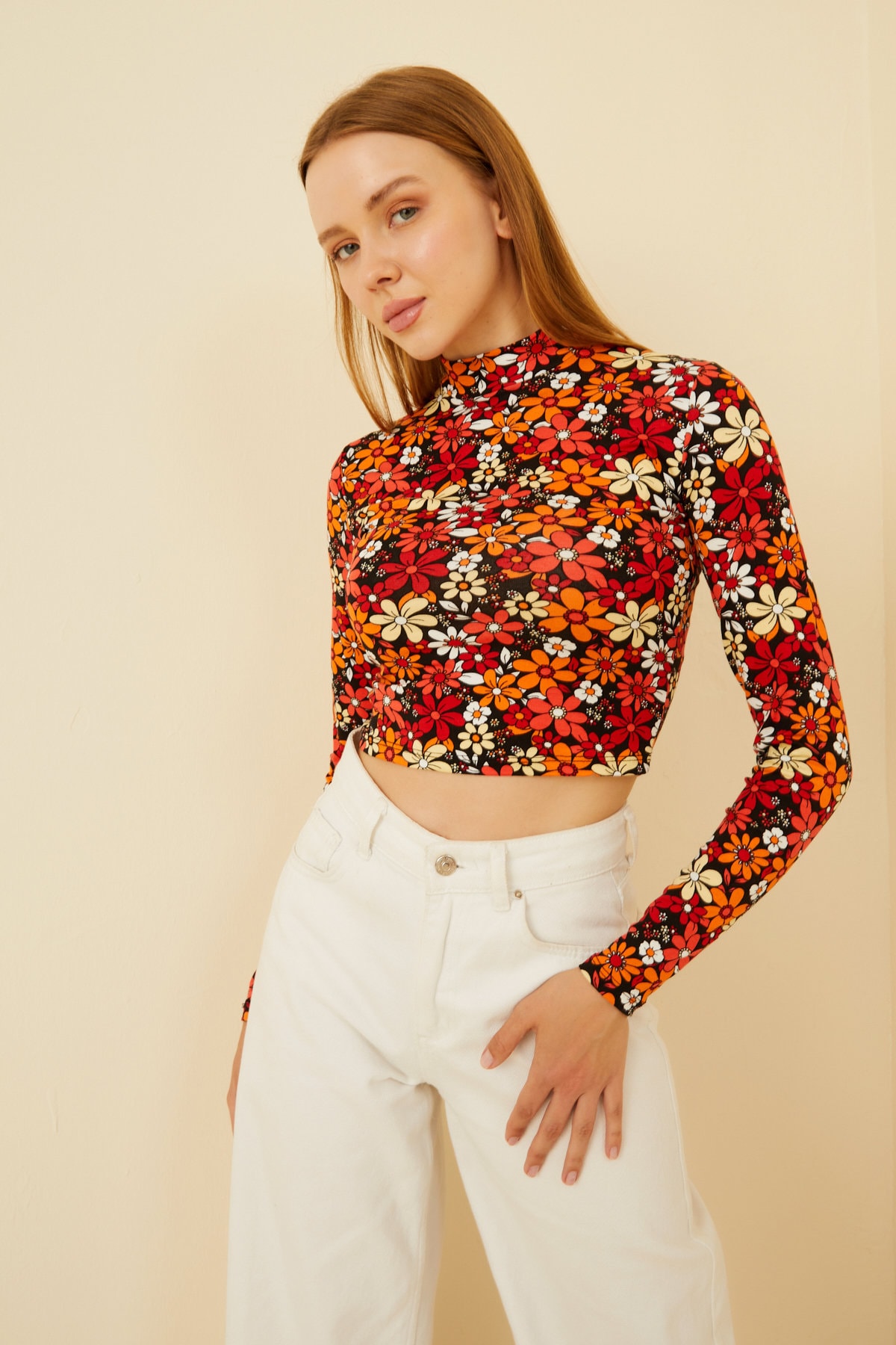 Half Turtleneck Long Sleeve Crop Top, Modern Mock Neck Top, Floral ...