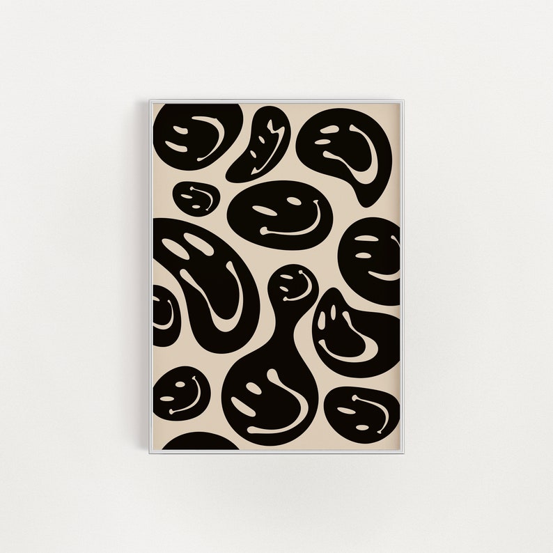 Melted Smiley Print, Smiley Face Poster,wall Art Printable, Black and ...