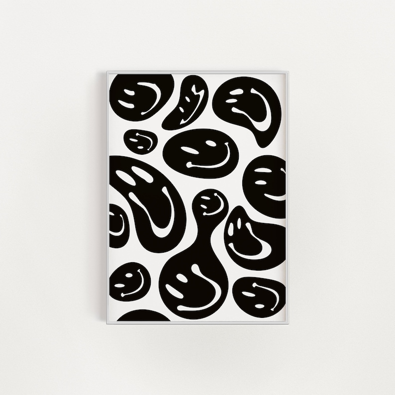 Melted Smiley Print, Smiley Face Poster,wall Art Printable, Black and ...