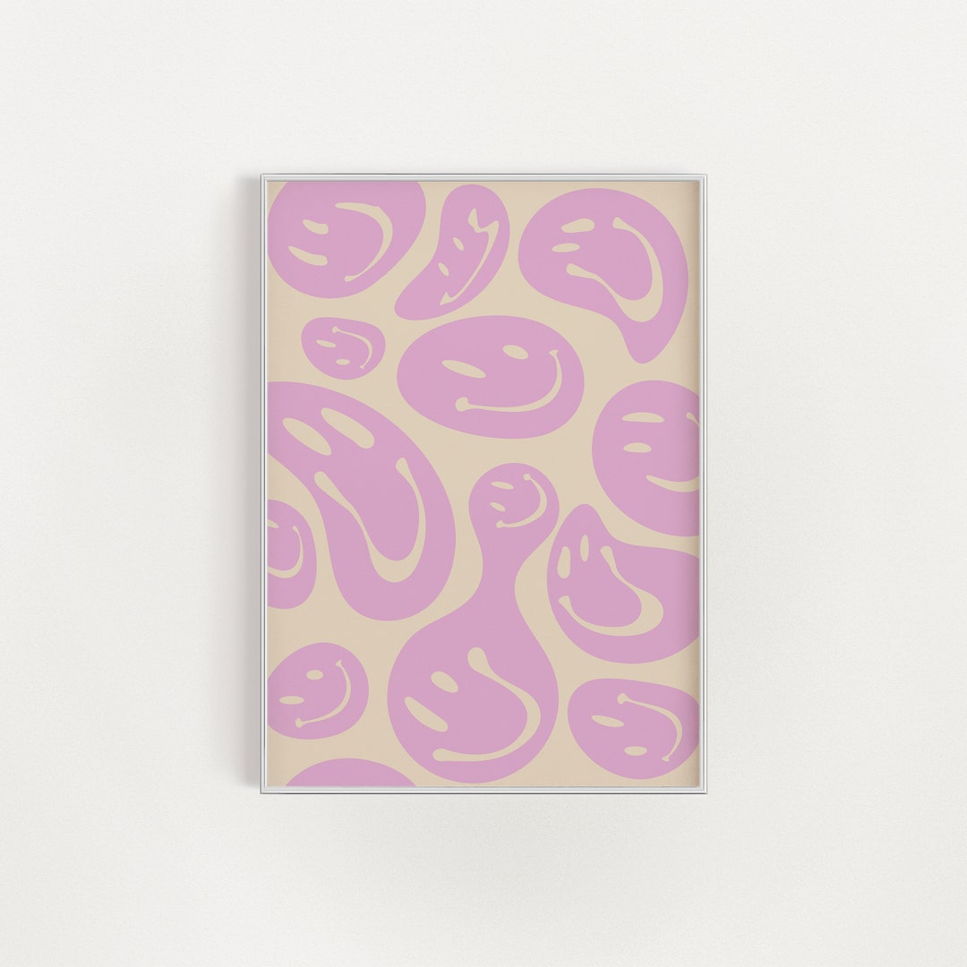 Melted Smiley Print, Smiley Face Poster, Pink and Beige Print Smiley ...